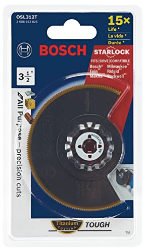 BOSCH OSL312T 3-1/2 In. Starlock Oscillating Multi Tool Grout & Abrasive Titanium-Coated Bi-Metal Segmented Saw Blade for Applications in Wood, Wood with Nails, Drywall, PVC, Metal (Nails and Staples)