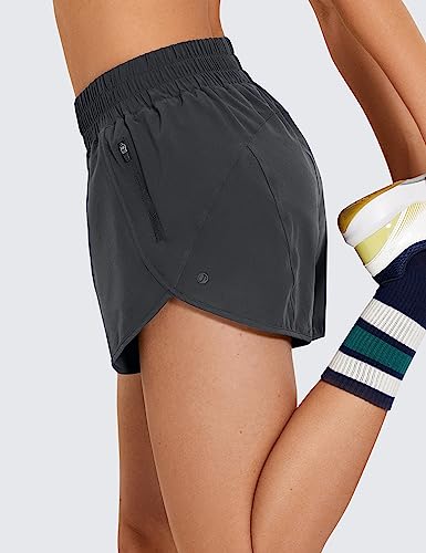CRZ YOGA Women's High Waisted Running Shorts Mesh Liner - 3'' Dolphin Quick Dry Athletic Gym Track Workout Shorts Zip Pocket Graphite Grey Medium