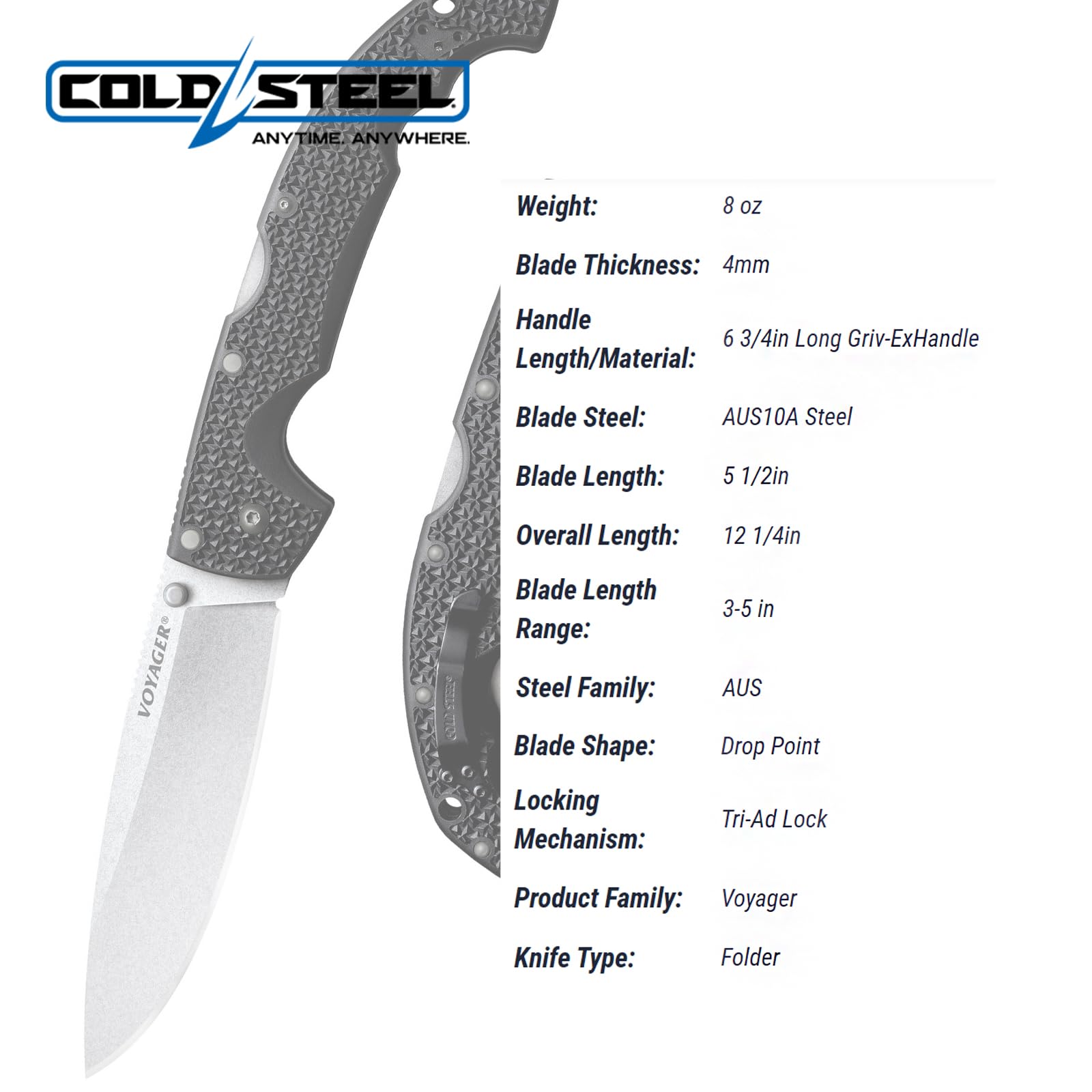 Cold Steel Extra Large Drop Point Voyager / 12 1/4" Overall / 5 1/2" Blade / 4MM Thick / 6 3/4" Long GRIV-EXHANDLE / AUS10A Steel/Ambi Belt Clip/Blister Packed,Black