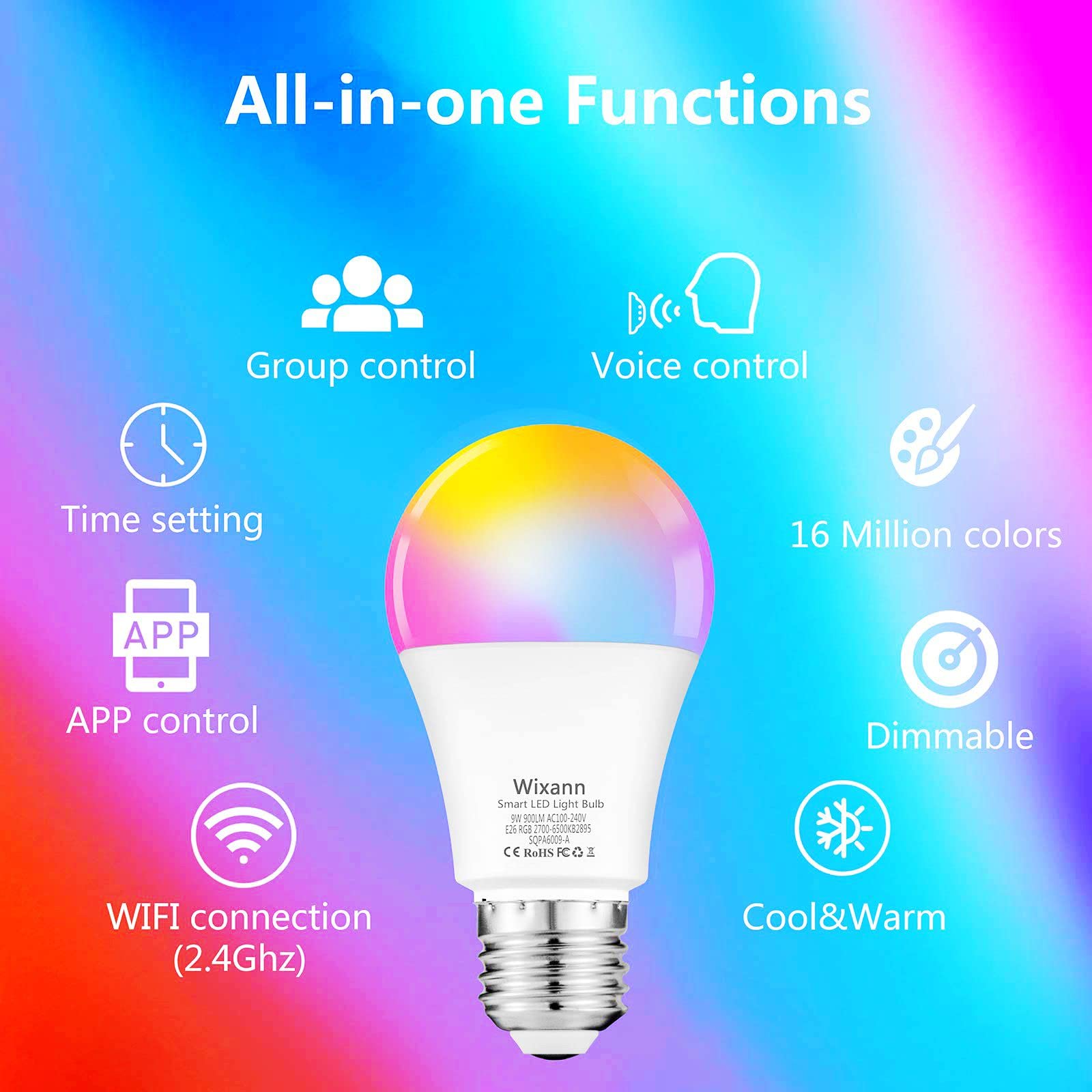 Alexa Smart WiFi Light Bulb, 9W RGBCW Color Changing Led Bulb Compatible with Alexa Echo Google Home and Siri, 2700K-6500K 900LM Dimmable A19 E26 80W Equivalent, No Hub Required - 4 Packā¦
