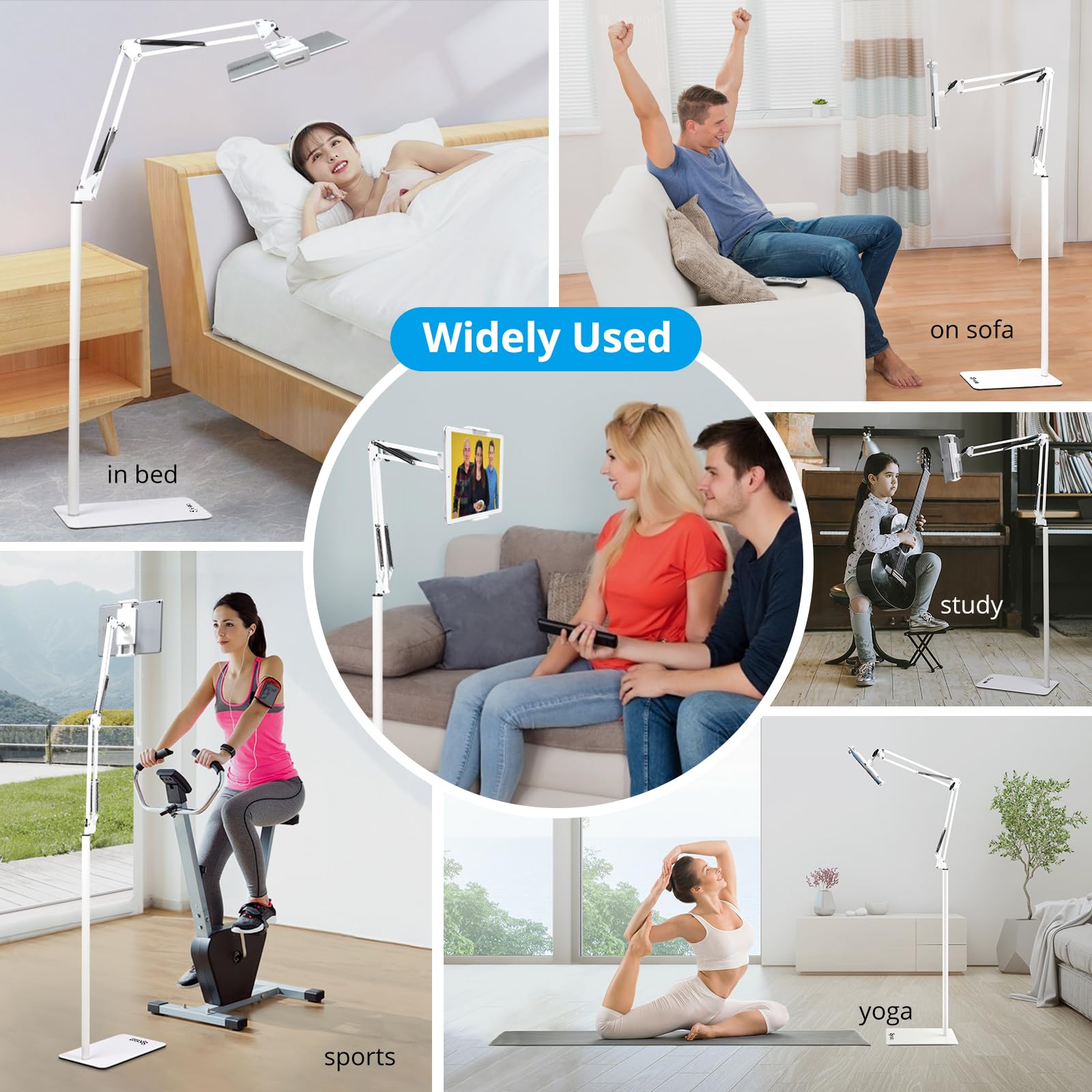 Spessn Adjustable Tablet Floor Stand Universal 360-degree Rotatable Metal Tablet Holder Phone Stand Compatible iPad/iPhoneX/iPad Pro 4.5~12.9 Inch-Screen, Phone, Kindle (White)