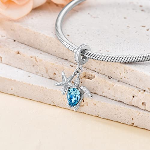 AOBOCO Sea Turtle Charm for Bracelet Sterling Silver Ocean Turtle and Starfish Dangle Charm Bead with Aquamarine Blue Crystal