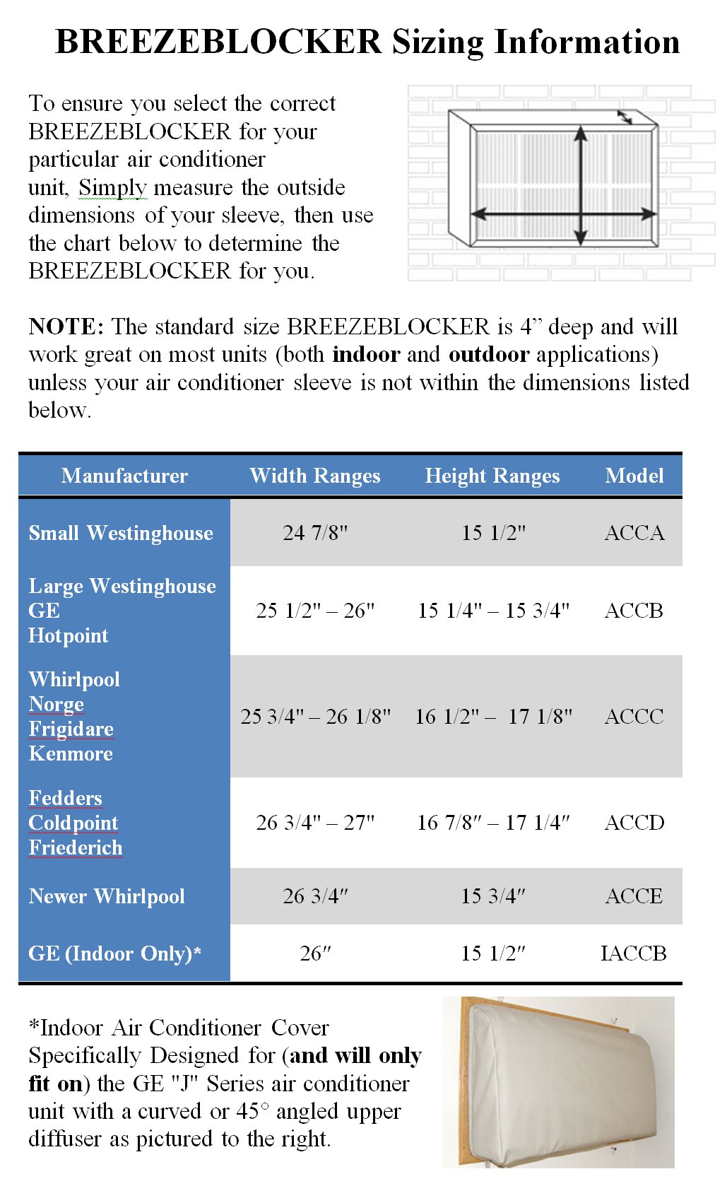 BREEZEBLOCKER Indoor/Outdoor Air Conditioner Cover for Fedders, Coldpoint and Friederich Units - Width Range 26-3/4" to 27" & Height Range 16-7/8" to 17-1/4"