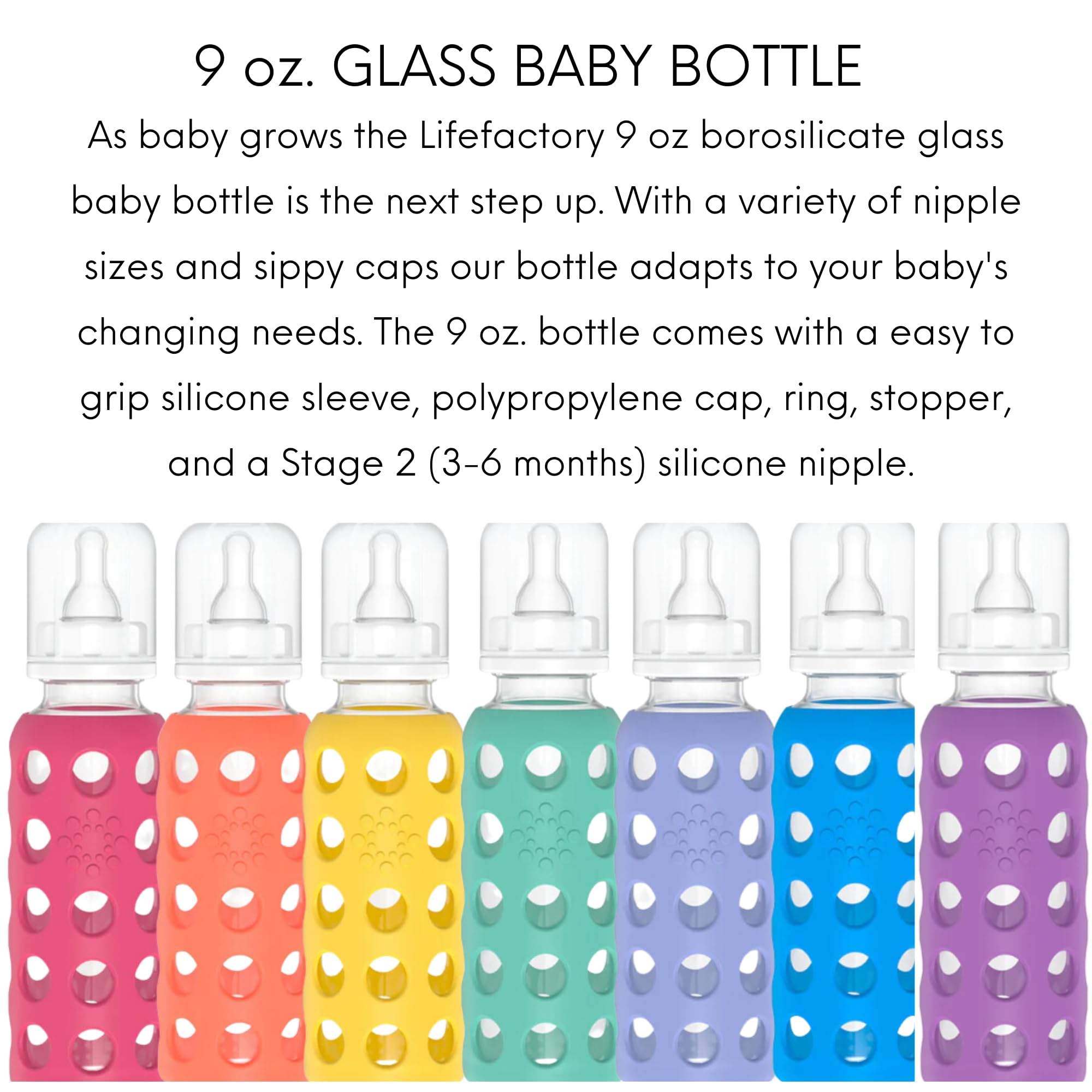 Lifefactory Glass Baby Bottles with Silicone Protection - 4-PACK, 4 oz/9 oz Bottles, (1- Banana, 1- Mango, 1- Cantaloupe & 1- Papaya)