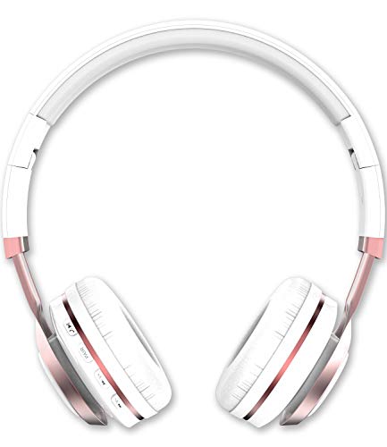Aduro Resonance Wireless Headphones with Microphone Foldable Over The Ear Headphones with Mic Rechargeable Wireless Headset - White/Rose Gold