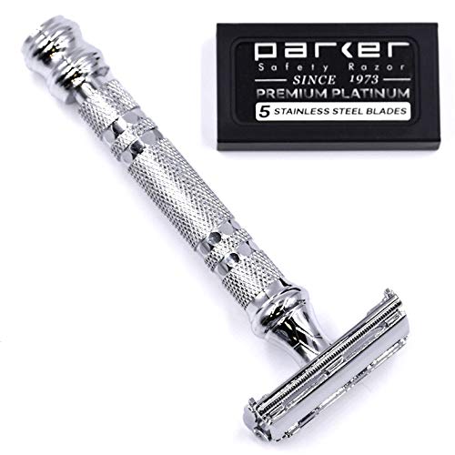 Parker 66R Twist-to-Open Double Edge Safety Razor with 5 Parker Platinum Blade Refills for Smooth and Close Shaves