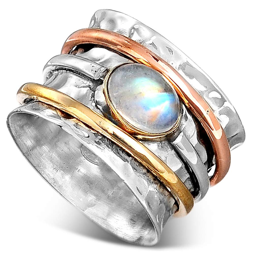 Boho-Magic 925 Sterling Silver Spinner Moonstone Ring for Women with Copper and Brass Fidget Rings Bands (8)