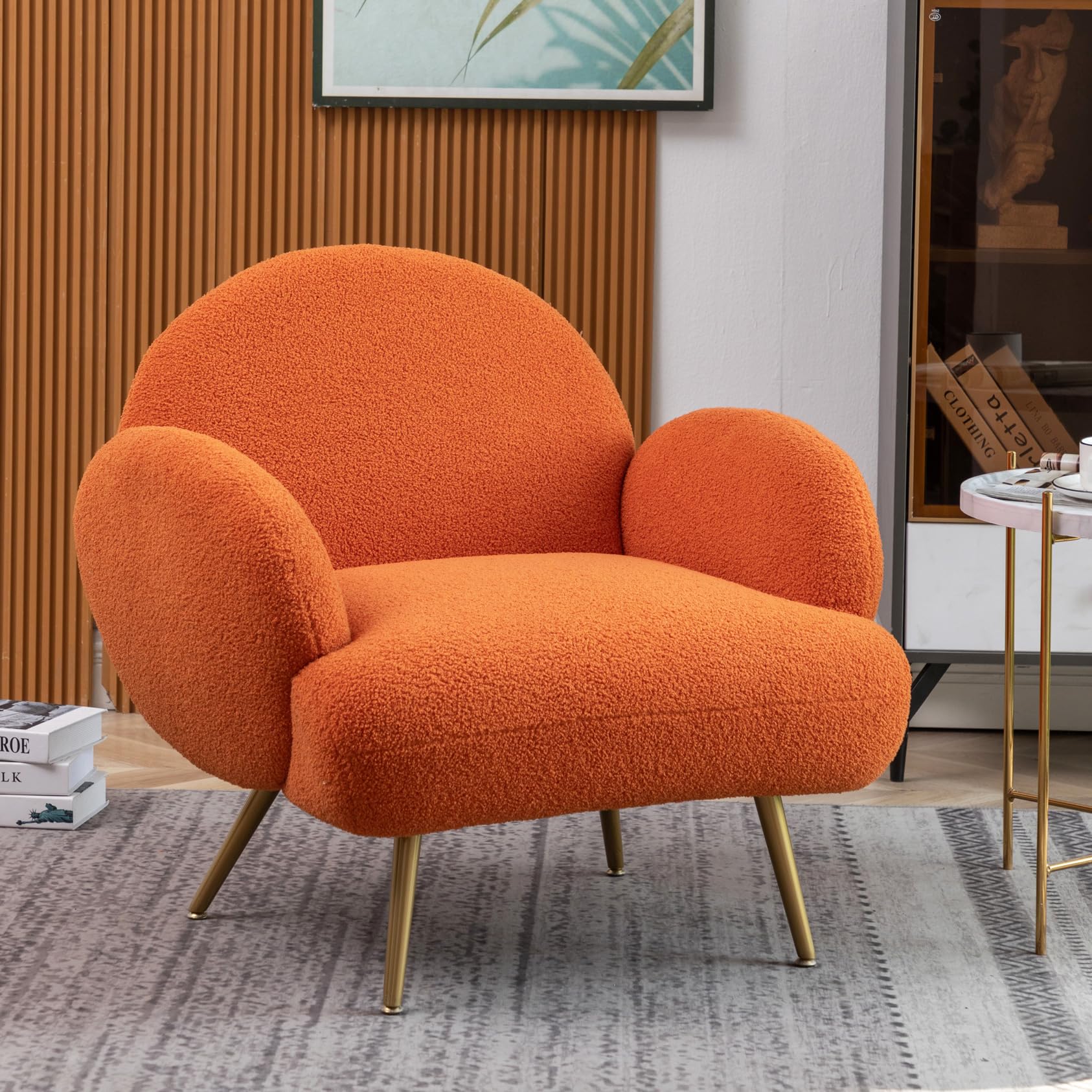 AISALL Accent Chair Orange with Golden Metal Legs,Reading Chair for Bedroom Comfy, Boucle Sherpa Chair for Living Room, Bedroom, Side Chair