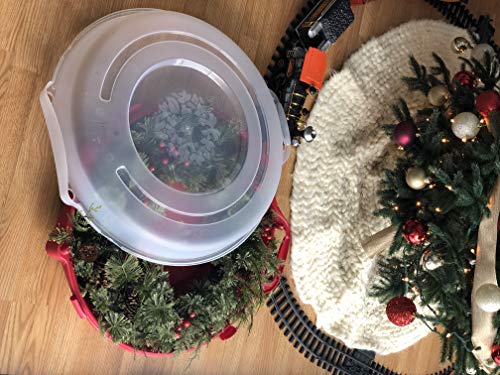 HOMZ Set of 3 Holiday Wreath Plastic Storage Containers, Holds Up to 24β Diameter, Secure Latching Lid and Easy Grip Handle, Stackable and Nestable, Red/Clear
