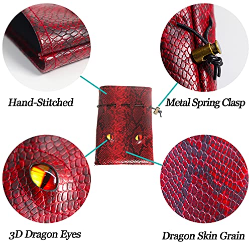 Dice Bag Can Hold 6 Dice Sets, Glow in The Dark Eyes Large Dragon D and D Dice Storage Bag for DND Board Games, Red Fiery Dragon Leather Coin Pouch for Fantasy RPG Games Accessories, Drawstring Pouch