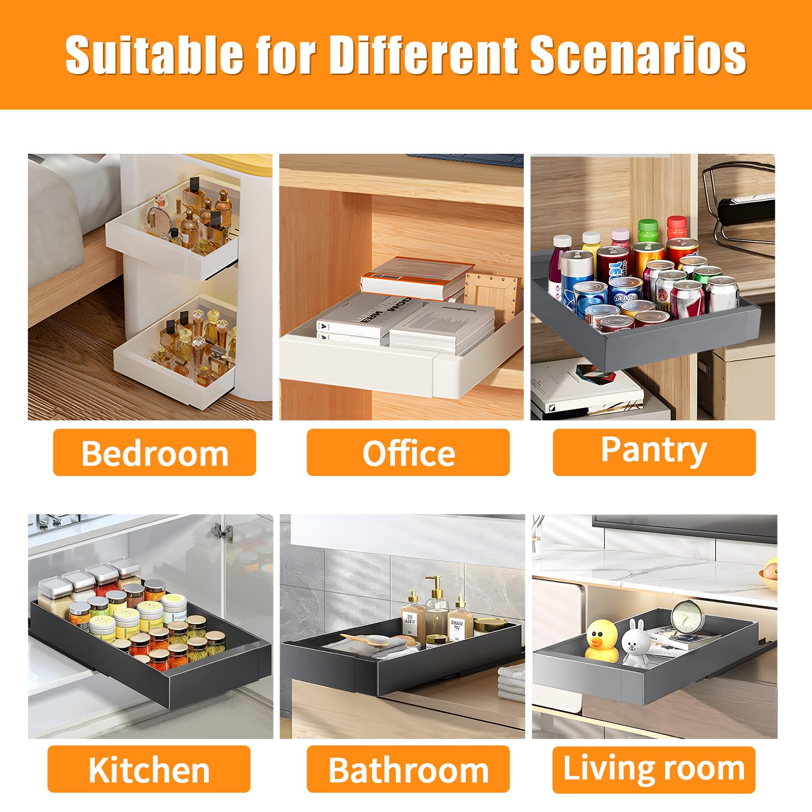 Pull Out Cabinet Organizer, Expandable(12.4"-20.5") Pull Out Drawers for Cabinets Slide Out Drawers for Kitchen Cabinets with Adhesive Nano Film Mounting Adjustable for Kitchen, Pantry (White)
