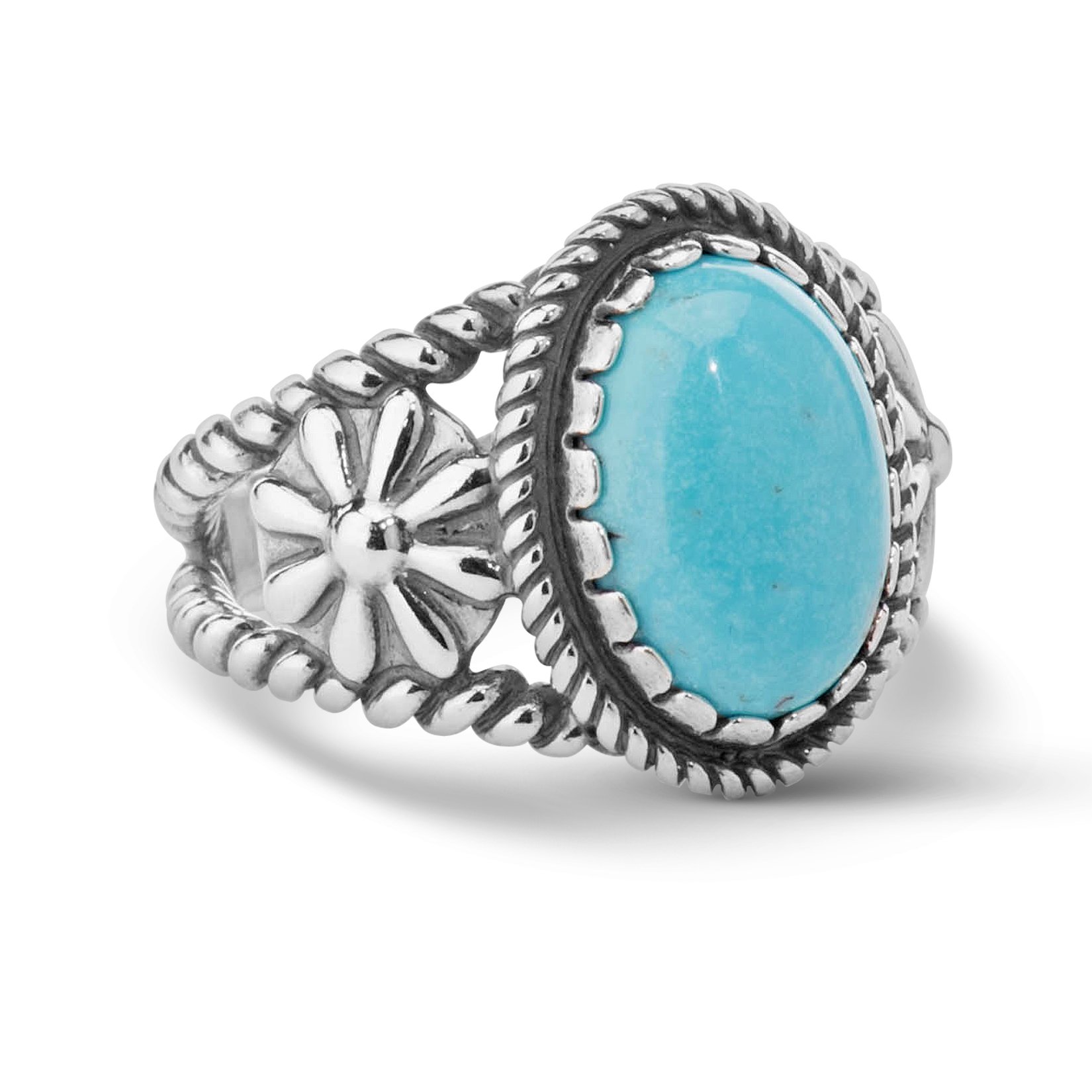 American West Jewelry Sterling Silver Women's & Men's Ring Blue Turquoise Gemstone Native-Inspired Flower Design Size 9