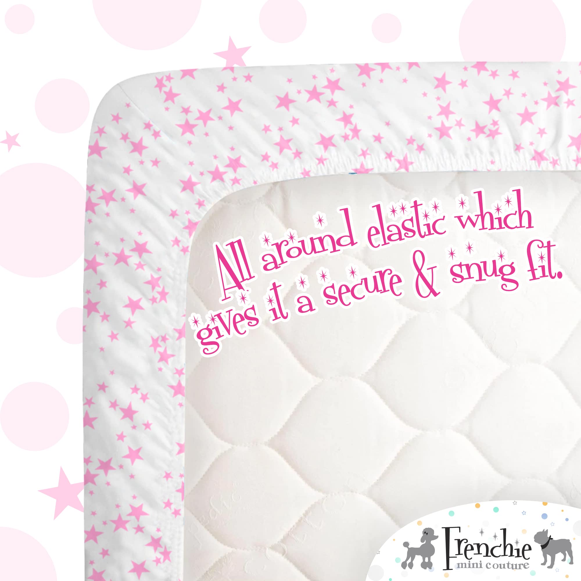Frenchie Mini Couture Fitted Crib Sheets 100% Woven Cotton Fits Toddler Mattress, Pink Stars, 28 x 52inx8in, 2-Pack