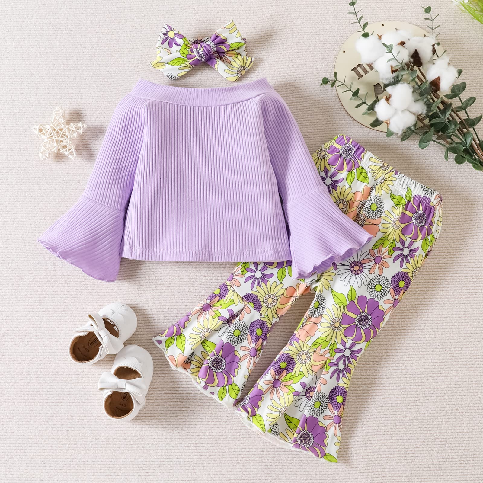 AIKEIDY Toddler Girl Clothes Baby Fall Winter 3-4T Clothes Infant Flared Top + Bell Bottom Pants + Headband 3 PCS Outfits Set