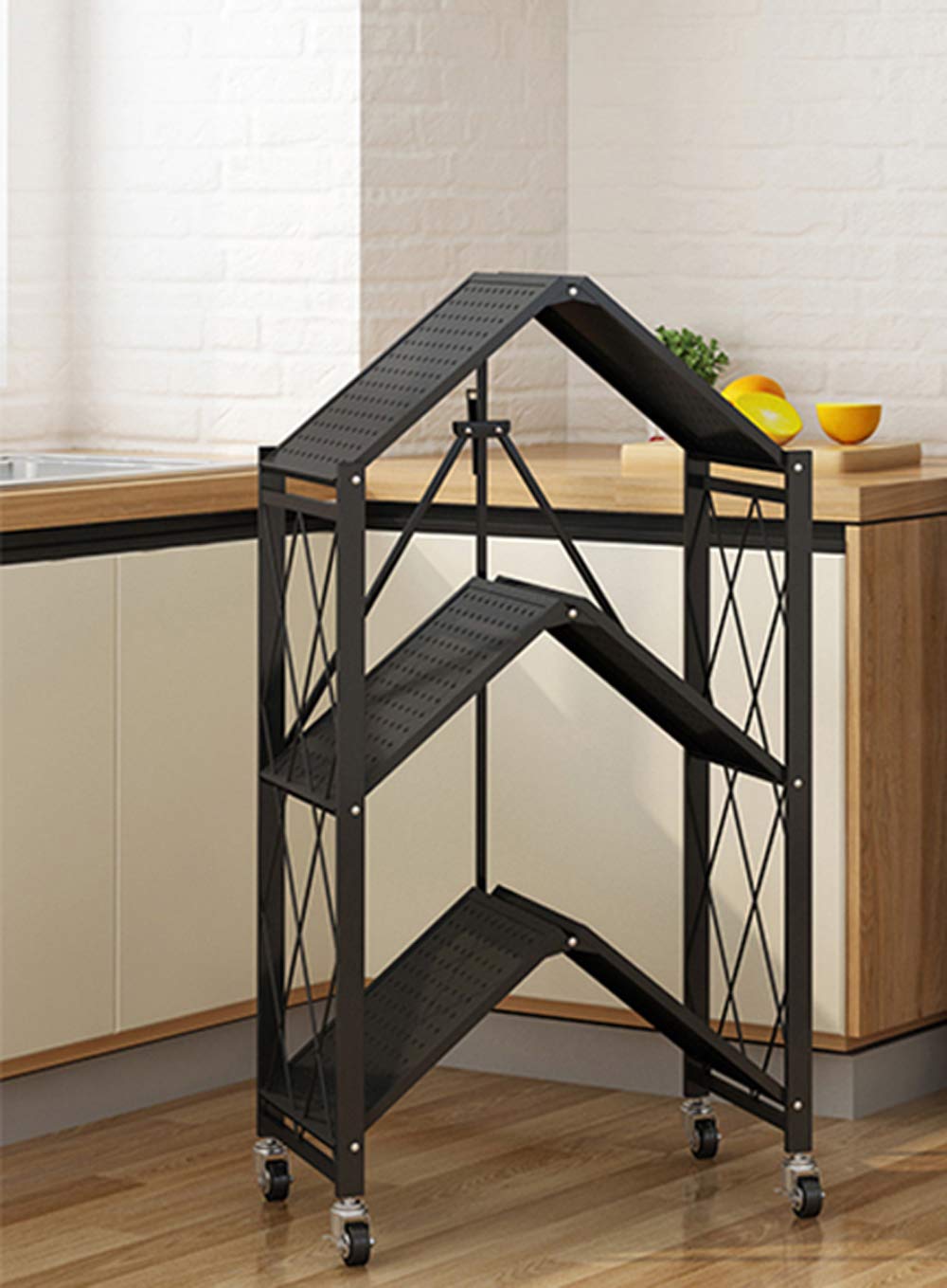 CozyBlock Foldable Storage Shelves with Wheels, Black Metal Wire Rack, Easy Moving Shelf, Storage Organizer for Kitchen, Bathroom, Garage, Outdoor (3 Tier)