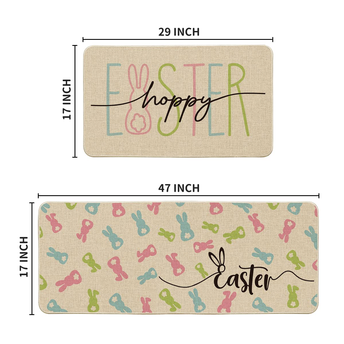 Artoid Mode Rabbit Bunny Hoppy Easter Kitchen Mats Set of 2, Spring Home Decor Low-Profile Kitchen Rugs for Floor - 17x29 and 17x47 Inch