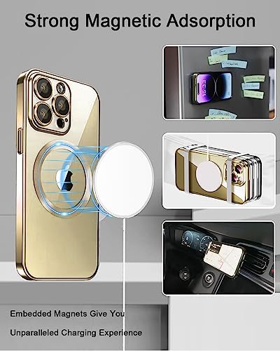 BOTOER Magnetic Matallic Glossy Designed for iPhone 14 Pro Phone Case with Full Camera Protection [Compatible with MagSafe] for Women Girls Phone Case (6.1")-Gold