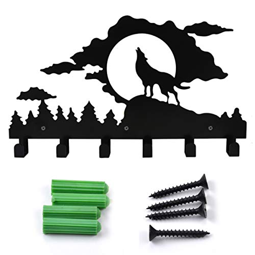 Kathy Wall Mounted Coat Hook Wolf Moon Cloud Animal Design Cute Metal Heavy Hooks Bathroom Entryway, Black