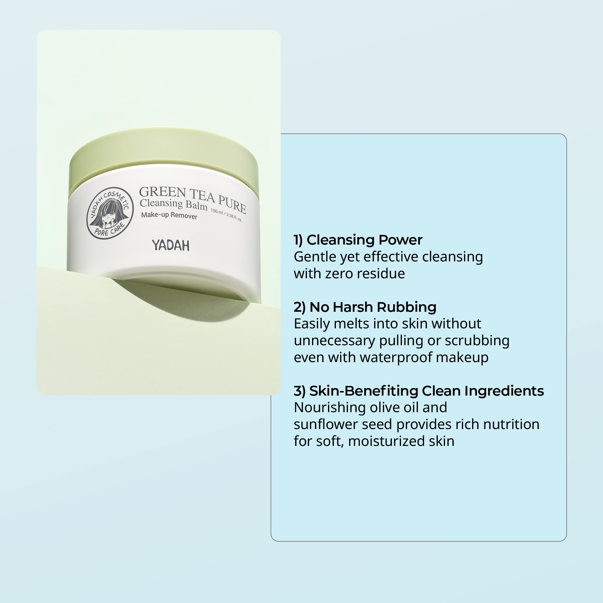 YADAH Green Tea Cleansing Balm (3.38fl oz) - Makeup Remover, Moisturizing, Residue-Free. Korean Skin Care. Vegan, Hypoallergenic.