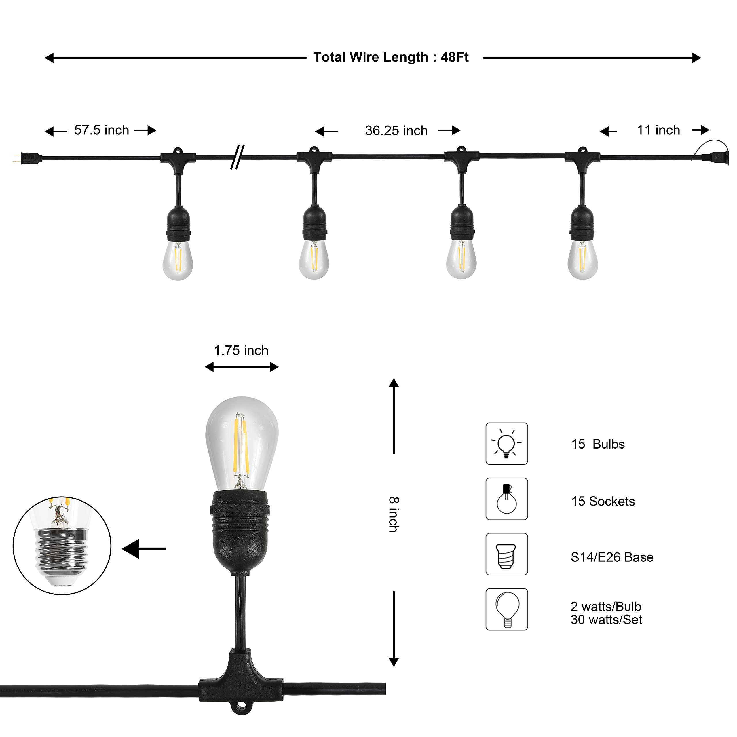 JONATHAN Y JYL8702A Indoor Outdoor Rustic Industrial LED S14 Edison Buld String Lights Garden Patio Backyard Porch Balcony, 48 ft. 15-Light, Black