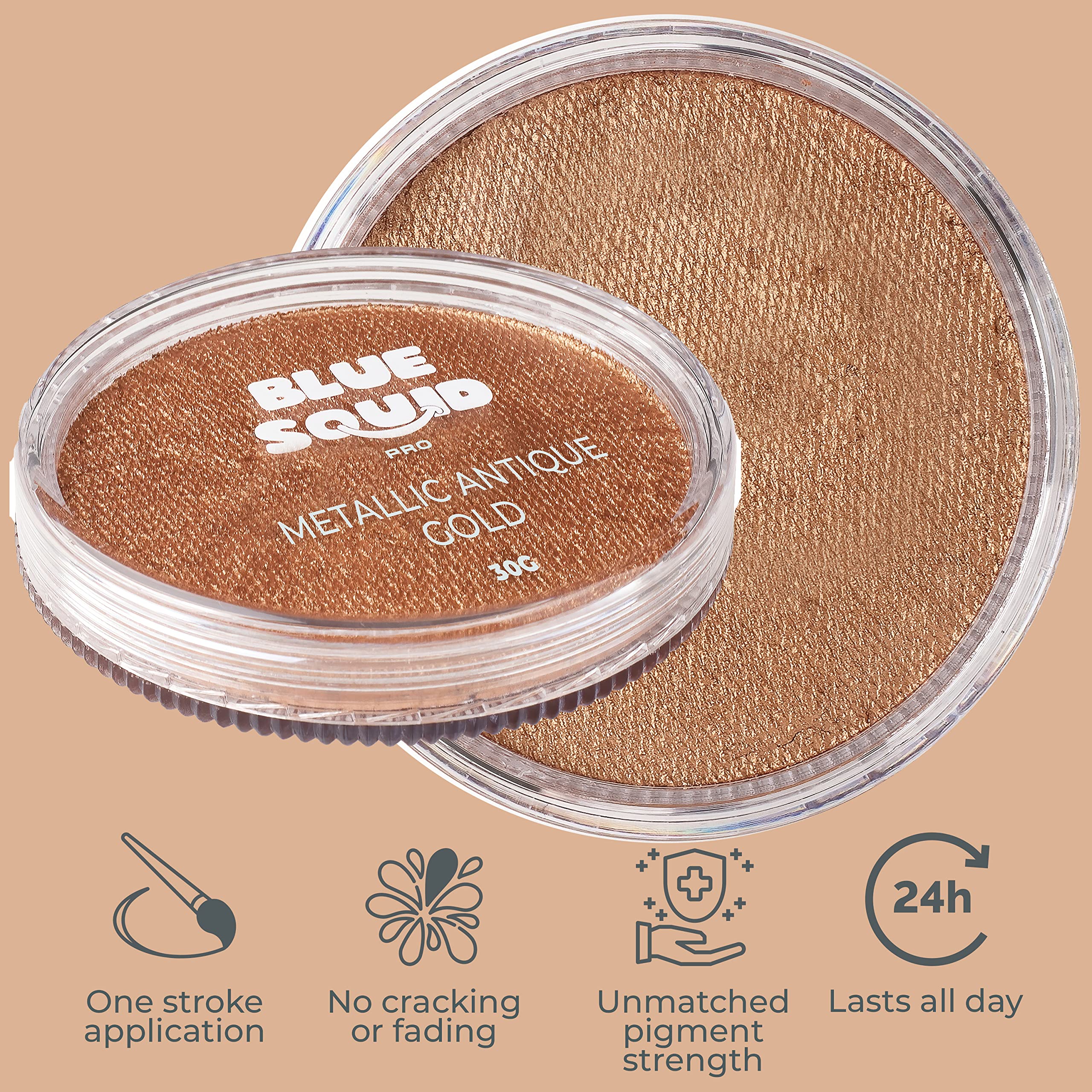 Blue Squid PRO Face Paint - Professional Water Based Single Cake Facepaint & Body Paints - SFX Makeup, Kids Adults Face Painting for Costume, Halloween, Cosplay - Metallic Antique Gold 30g / 1oz