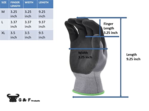 G & F Products 1529XL-DZ Knit Work Gloves, Textured Rubber Latex Coated For Construction, Black, XLarge,Gray