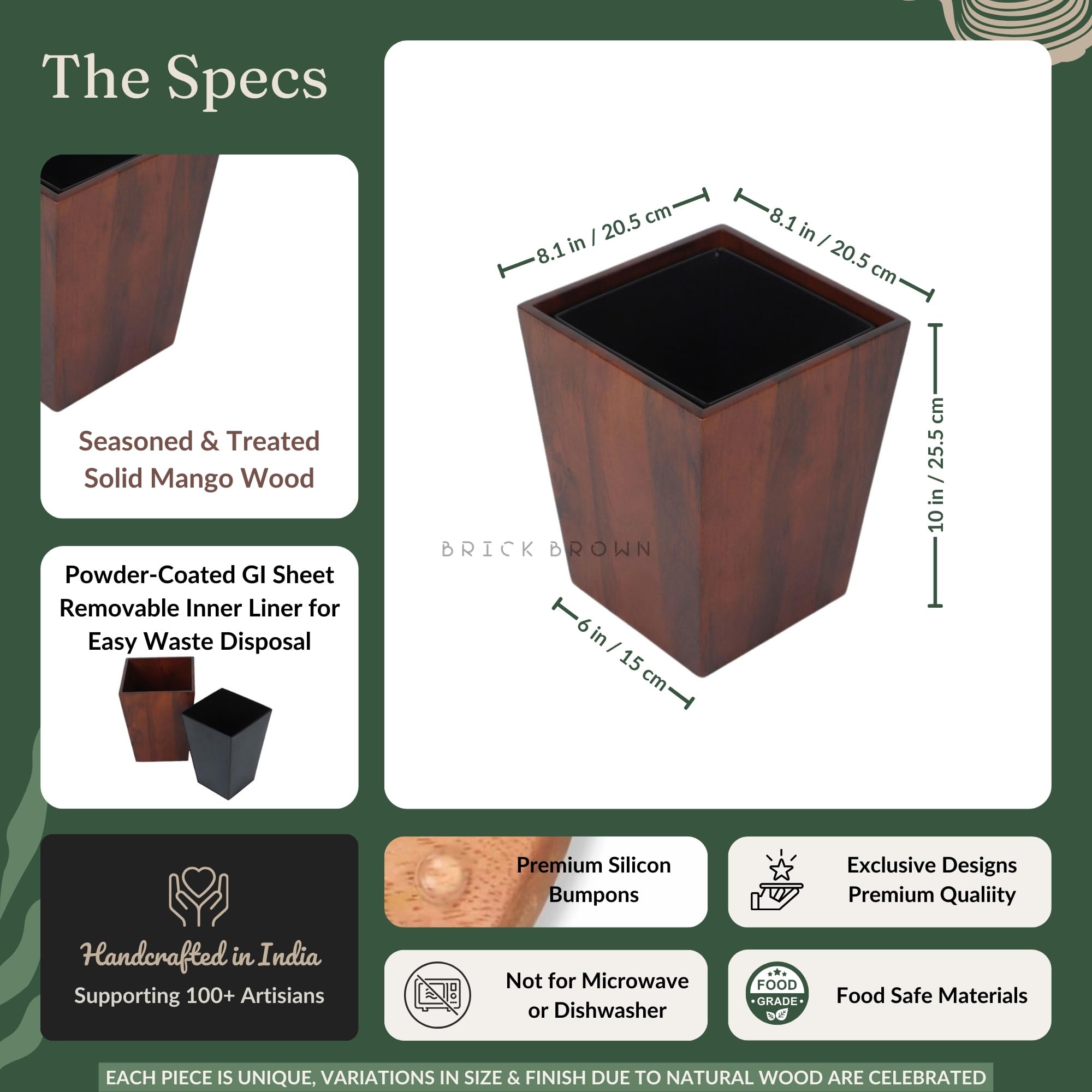 Brick Brown Premium Solid Wood Trashbin Multipurpose Furniture Basket for Home Living Room Office | Dustbin with Removal Metal Inner Liner from Mahogany Collection (Dwindle, 8x8x9.8 Inch)