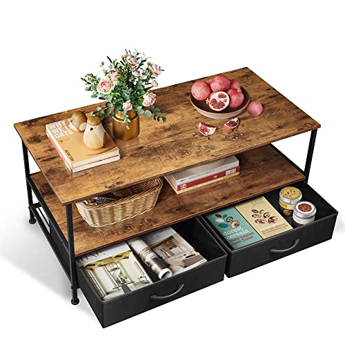 WLIVE Coffee Table with Storage Drawers and Open Shelf, Mid-Century Modern Wood and Metal Cocktail Table for Living Room