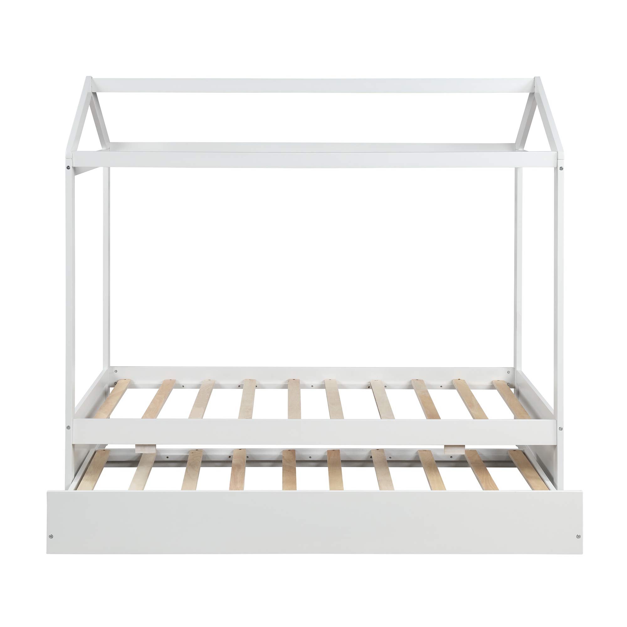 House Bed with Trundle, Twin Size House Bed Frame w/Roof for Kids Boys Girls Teens,Can Be Decorated,Wood Slat Support/No Box Spring Required,White