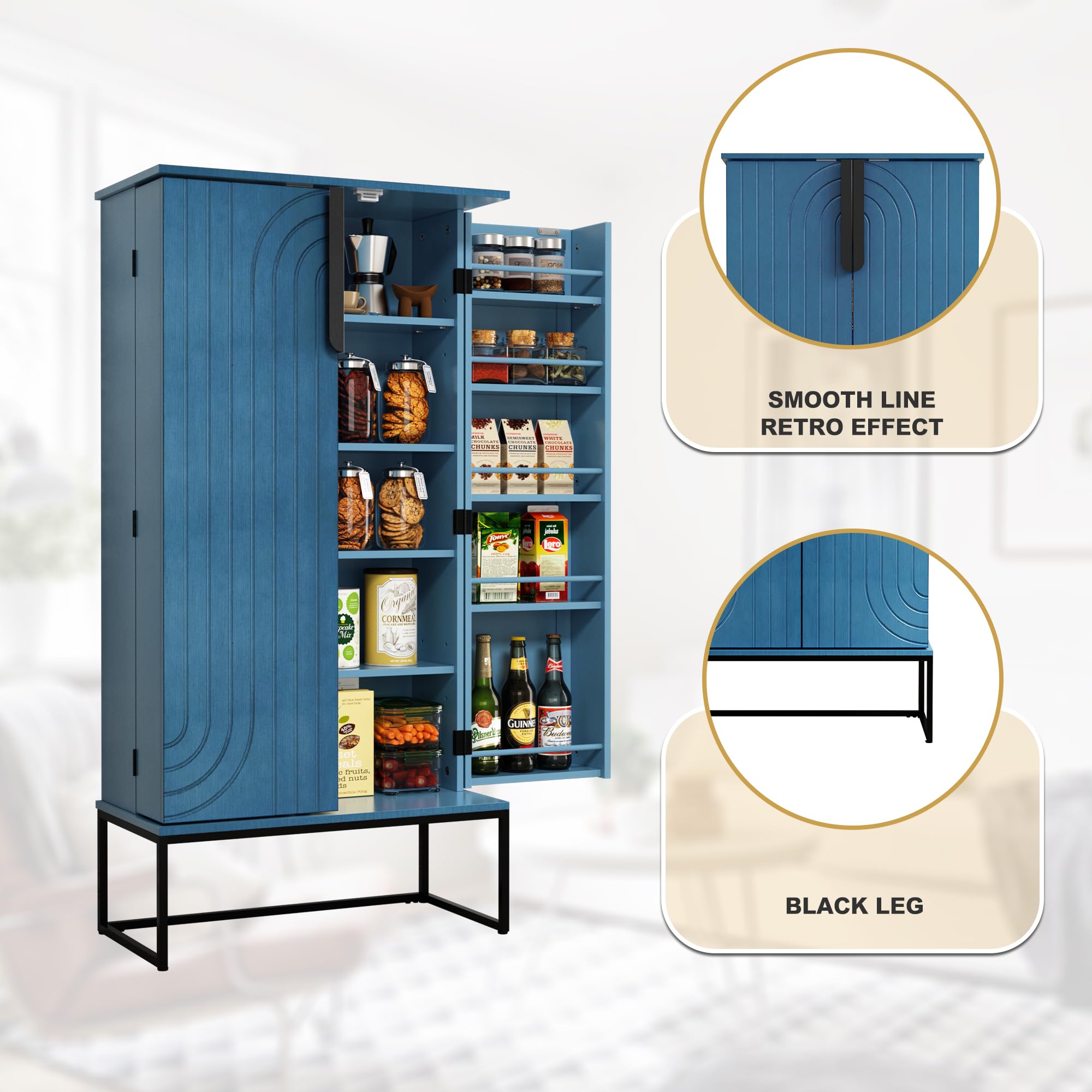 ARTPOWER 46" Blue Pantry Cabinets, Food Pantry Storage Cabinet with Adjustable Shelves,Large Storage Space for Kitchen,Blue