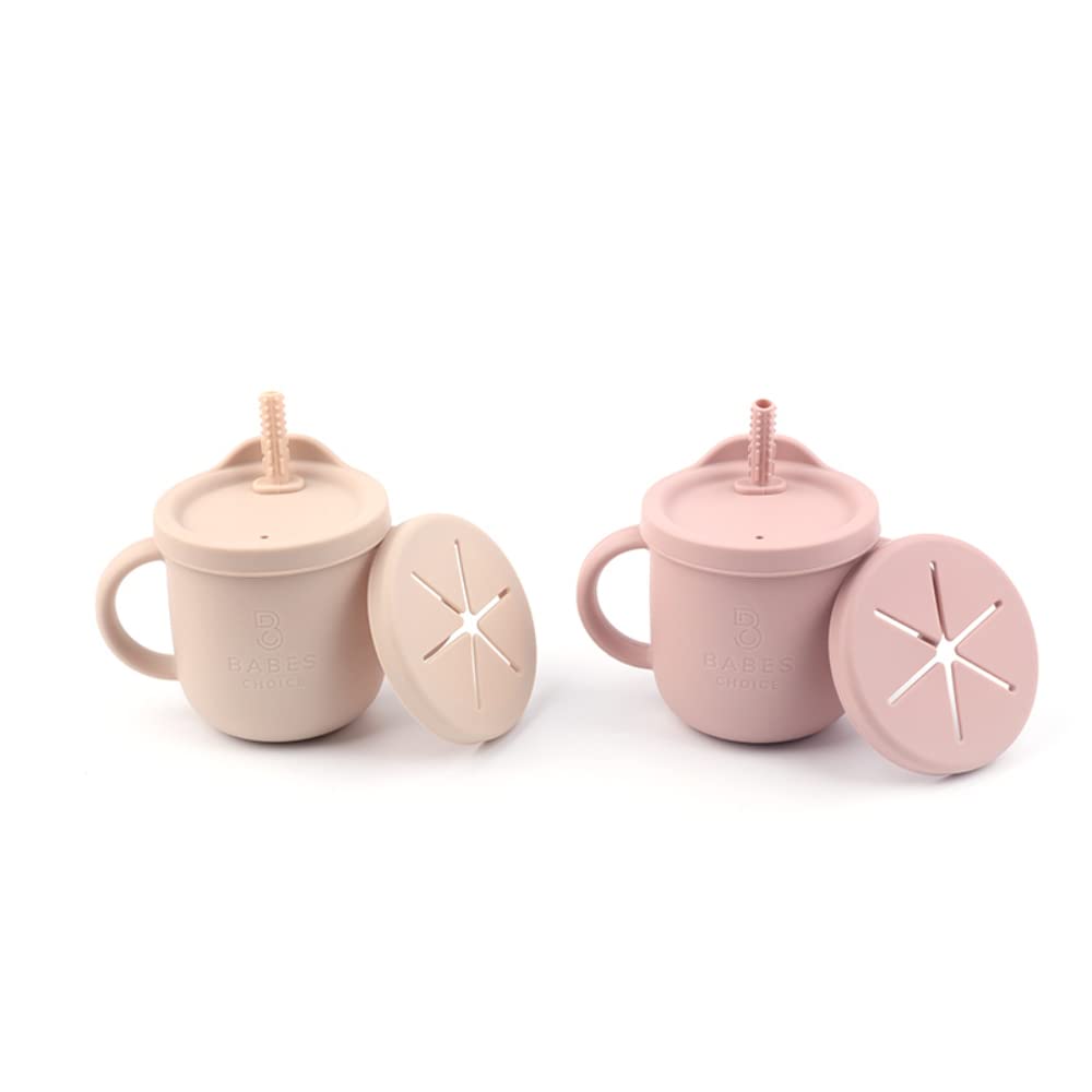 Babes Choice Straw Cup for Toddler Baby Silicone Teether Straw Sippy Cup Snack Cup No Spill with 2 Handles BPA Free 8 Oz (Nude & Pink)