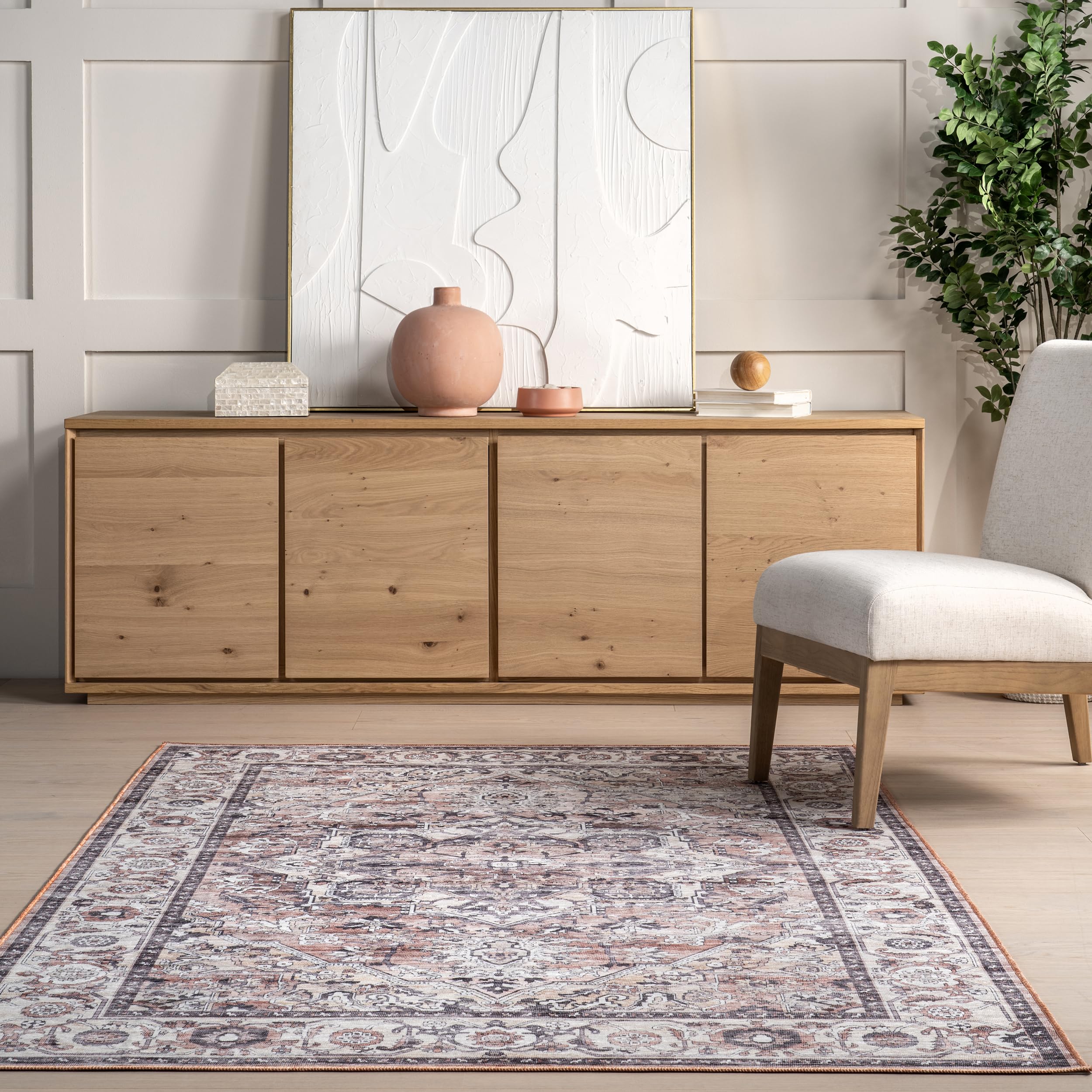nuLOOM 4' x 6' SpinClean Machine Washable Stain-Resistant Area Rug Low Profile for Living Room, Bedroom, and Dining Room, Joslyn Blush