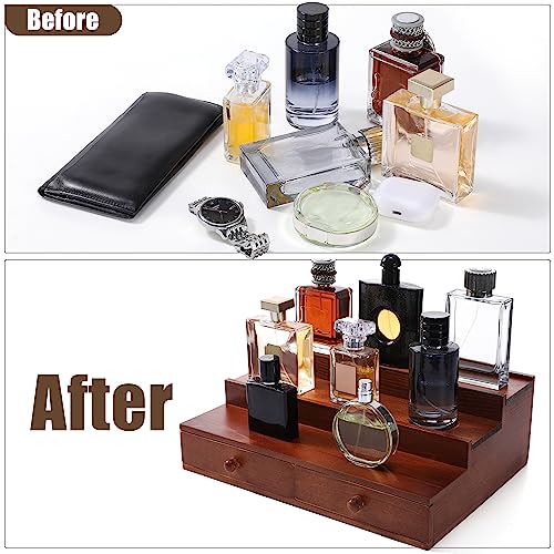 Boulphia Cologne Organizer for Men, Wooden Perfume Organizer for Dresser, Perfume Holder Cologne Stand with 3 Tier Display Shelf, Drawer and Hidden Compartment for Storing Perfumes and Accessories