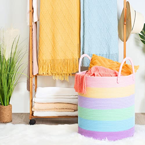 MINTWOOD Design Large Decorative Woven Cotton Rope Basket, Tall Laundry Basket Hamper, Blanket Basket for Living Room, Storage Baskets for Toys, Towel, Throw, Pillow, 60L Pastel Rainbow