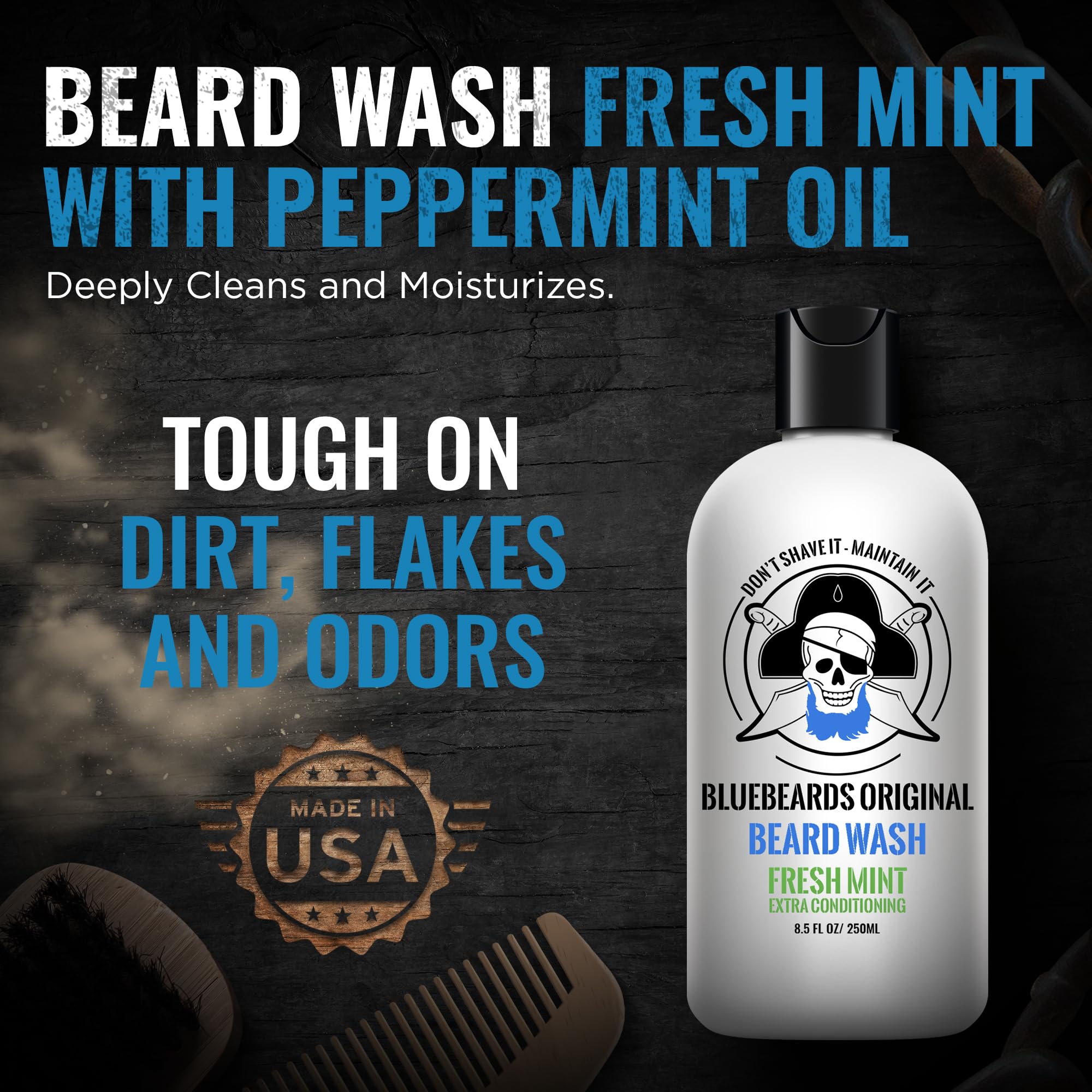 Bluebeards Original Fresh Mint Beard Care for Men, 8.5 oz. - Natural Peppermint Oil Formula for Deep Cleansing, Softening, and Conditioning Beard and Skin - Made in USA
