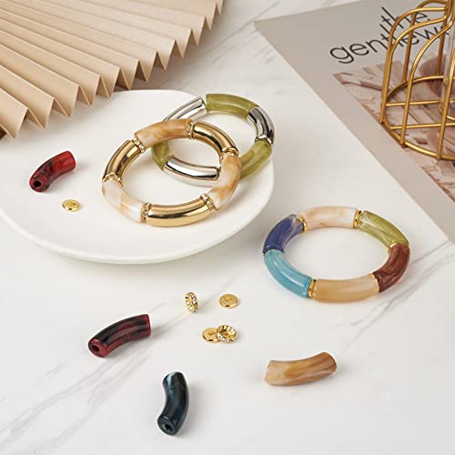Boutigem 120pcs Chunky Curved Tube Acrylic Beads Imitation Gemstone Loose CCB Plastic Beads Rhinestone Spacer Beads Elastic Thread DIY Stacking Stretch Bracelet Bangle Making Kit