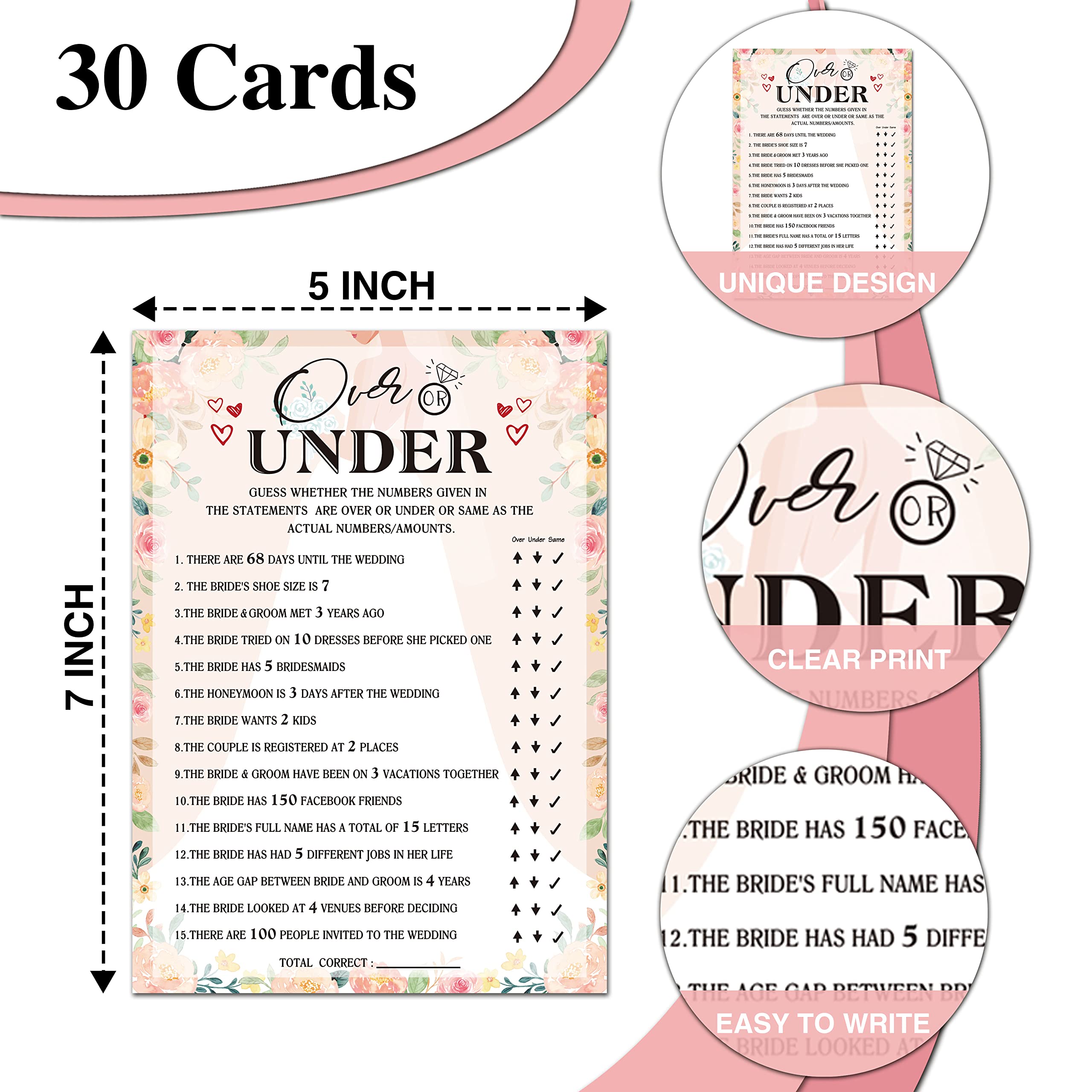 Foosproea Bridal Shower Games, Over Or Under Wedding Shower Game Card, Blush Pink Boho Floral Romantic Engagement/Bachelorette Party Ideas Activities Supplies Decorations(30 Cards) - A03