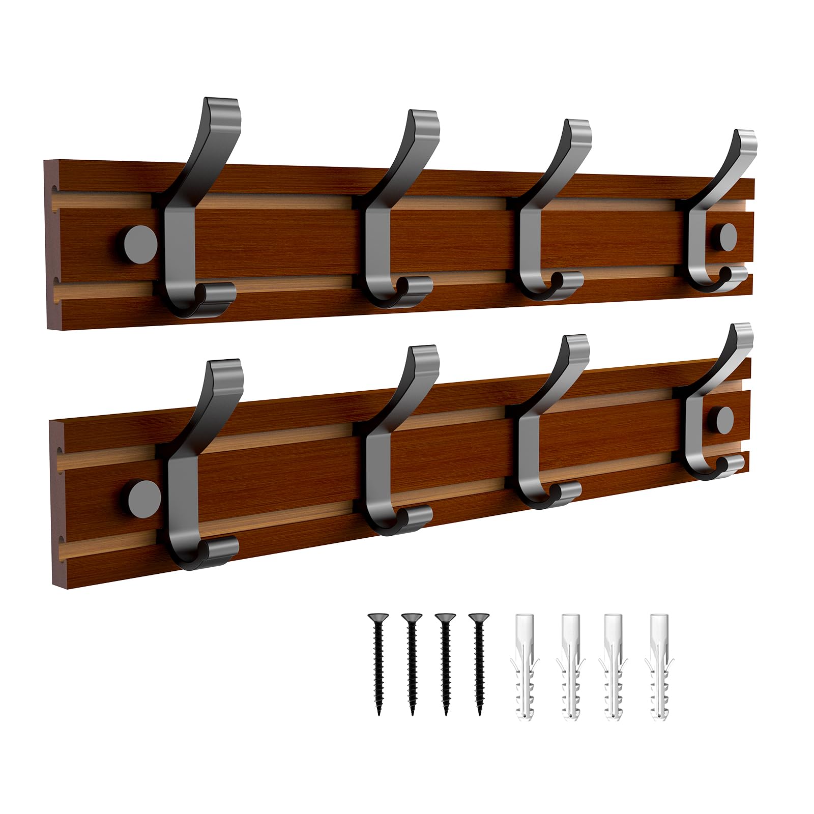 Coat Rack Wall Mount, Pack of 2 Rustic Wall Coat Rack with 4 Hooks, Bamboo Wooden Coat Hook Rack for Wall, Brown Farmhouse Coat Rack Wall Mounted, Wall Coat Hangers for Bedroom,Office