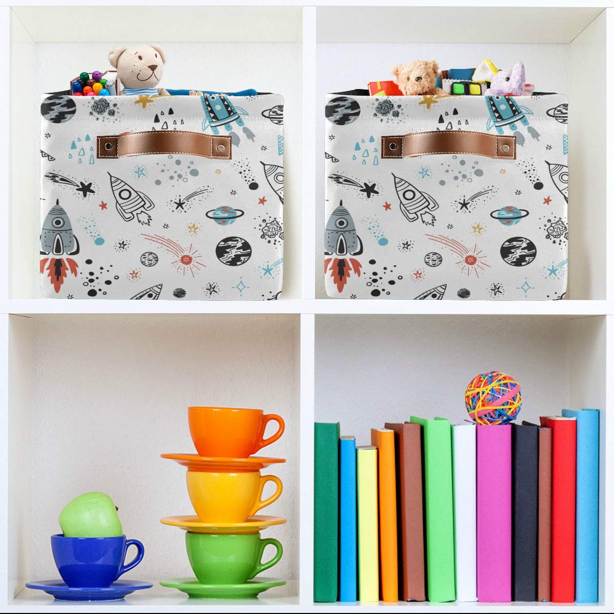 Storage Basket Cube Large Collapsible Toys Storage Box Bin Laundry Organizer for Closet Shelf Nursery Kids Bedroom,15x11x9.5 in (2 pack, Space Rocket Planet)