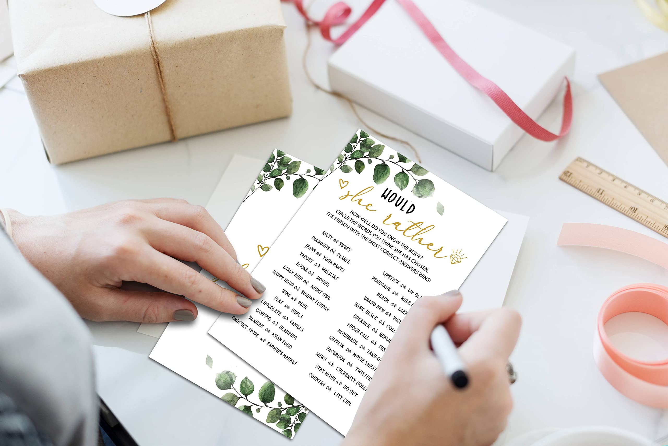 Bridal Shower Games - Greenery Engagement Party Game Cards For Wedding, Bachelorette Party - Bridal Shower Decorations - Would She Rather - 30 Cards(003)