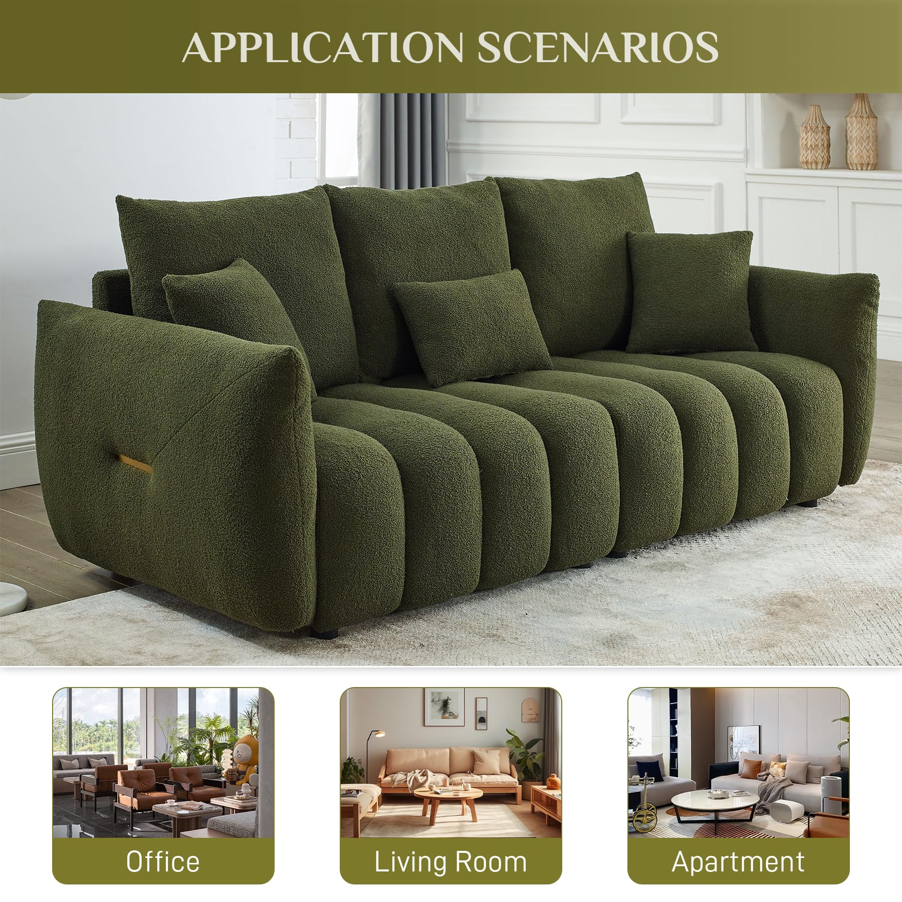 Wrofly 82" Teddy Cloud Sofa Couch, Comfy Upholstered Sherpa Deep Seat Boucle Sofa, Cozy Modern 3 Seater Couch with 3 Pillows, Oversized Loveseat for Living Room Apartment Office, Olive Green