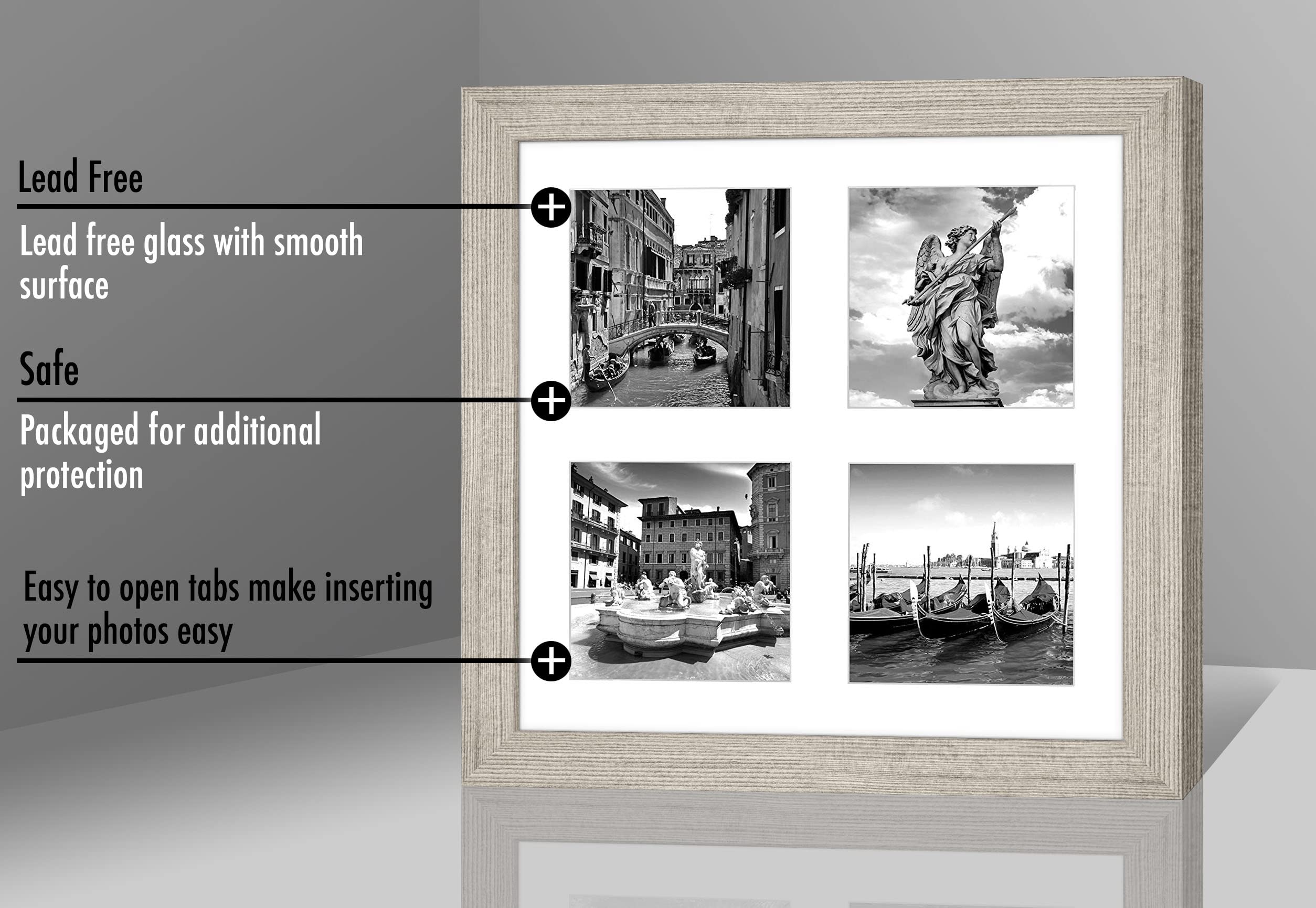 Americanflat 10x10 Collage Picture Frame in Driftwood - Displays Four 4x4 Frame Openings - Engineered Wood Square Picture Frame with Shatter Resistant Glass, and Includes Hanging Hardware for Wall