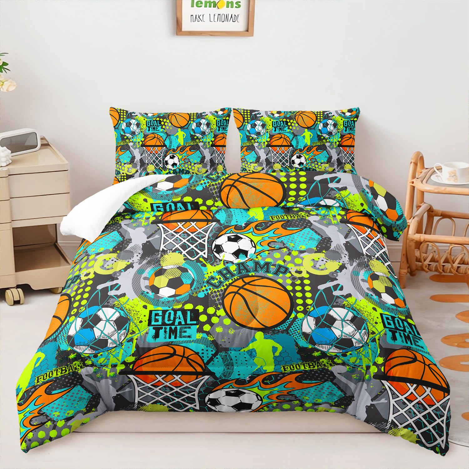 AILONEN Sport Comforter Set Queen Size,Printed Basketball Soccer Bedding Set for Kids Boys Teens,3 Piece Sport Theme Duvet Set for Bedroom Decor,1 Comforter and 2 Pillowcases