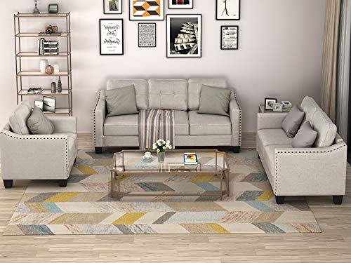 FANYE 3 Pieces Living Room Furniture Sets Include, Loveseat and Armchair, Linen Fabric Upholstered Sectional Classical Rivets Decor and Tufted Back Cushions, Beige Sofa & Couch
