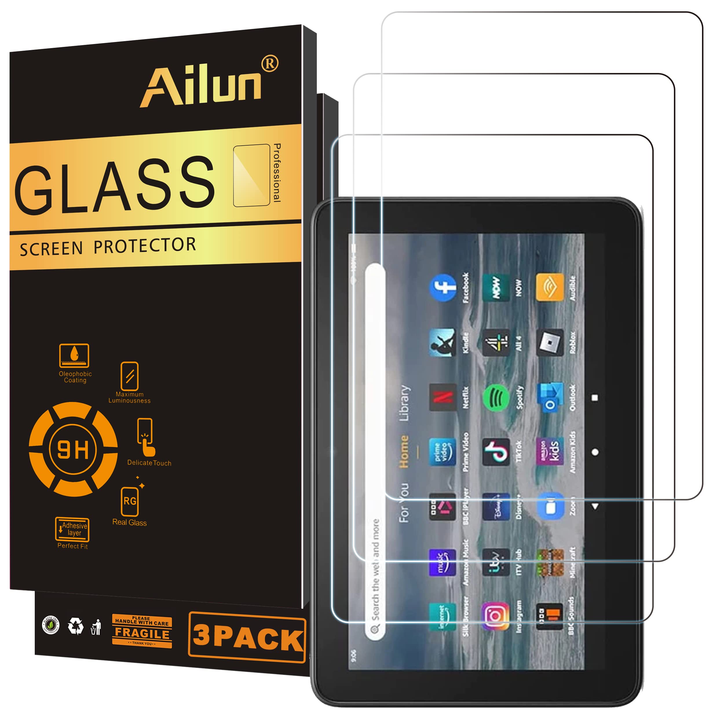Ailun 3 Pack Screen Protector for All-new Fire 7 Tablet 7-inch(12th Gen 2022 Release), Tempered Glass 9H Hardness Ultra Clear Anti Scratch Case Friendly, Not for Fire 7 Kids Tablet