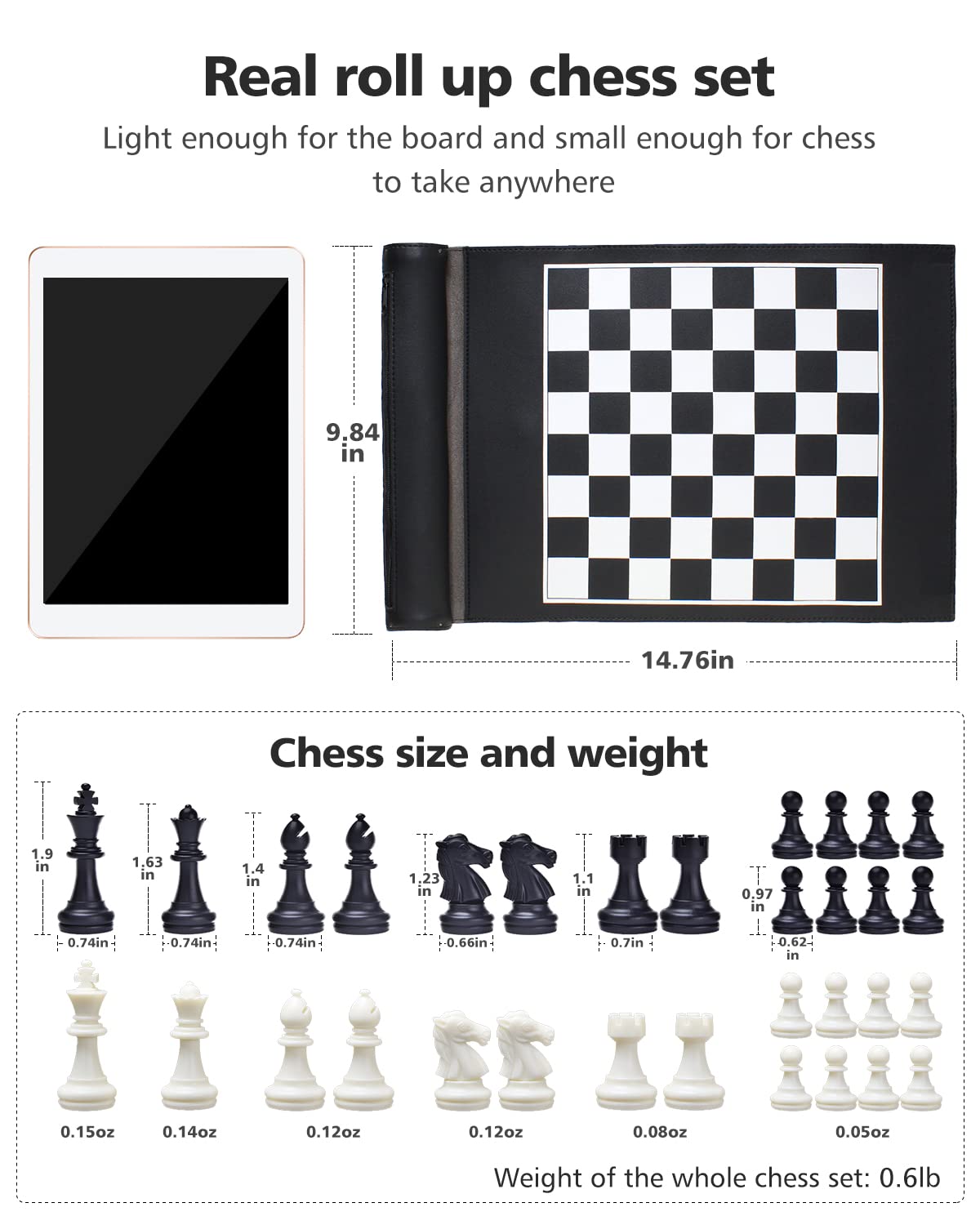 COBER Chess and Piece Set, Genuine Leather Roll-Up Travel Game for Adults and Kids,Camping Games, Gift for Outdoor Enthusiasts, Size: 9.8''x1.7'' Lightweight and Portable