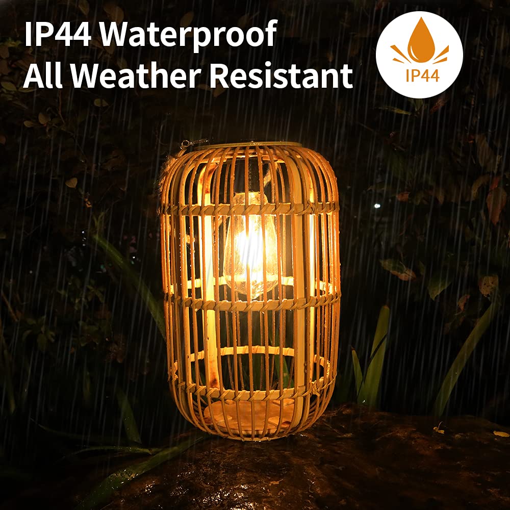 Outdoor Solar Lantern Hanging Light, Natural Rattan Solar Lantern with Handle Waterproof Decoration Table Lamp, Suitable for Patio Garden Decoration Solar Big Light, Edison Bulb, Auto On/Off
