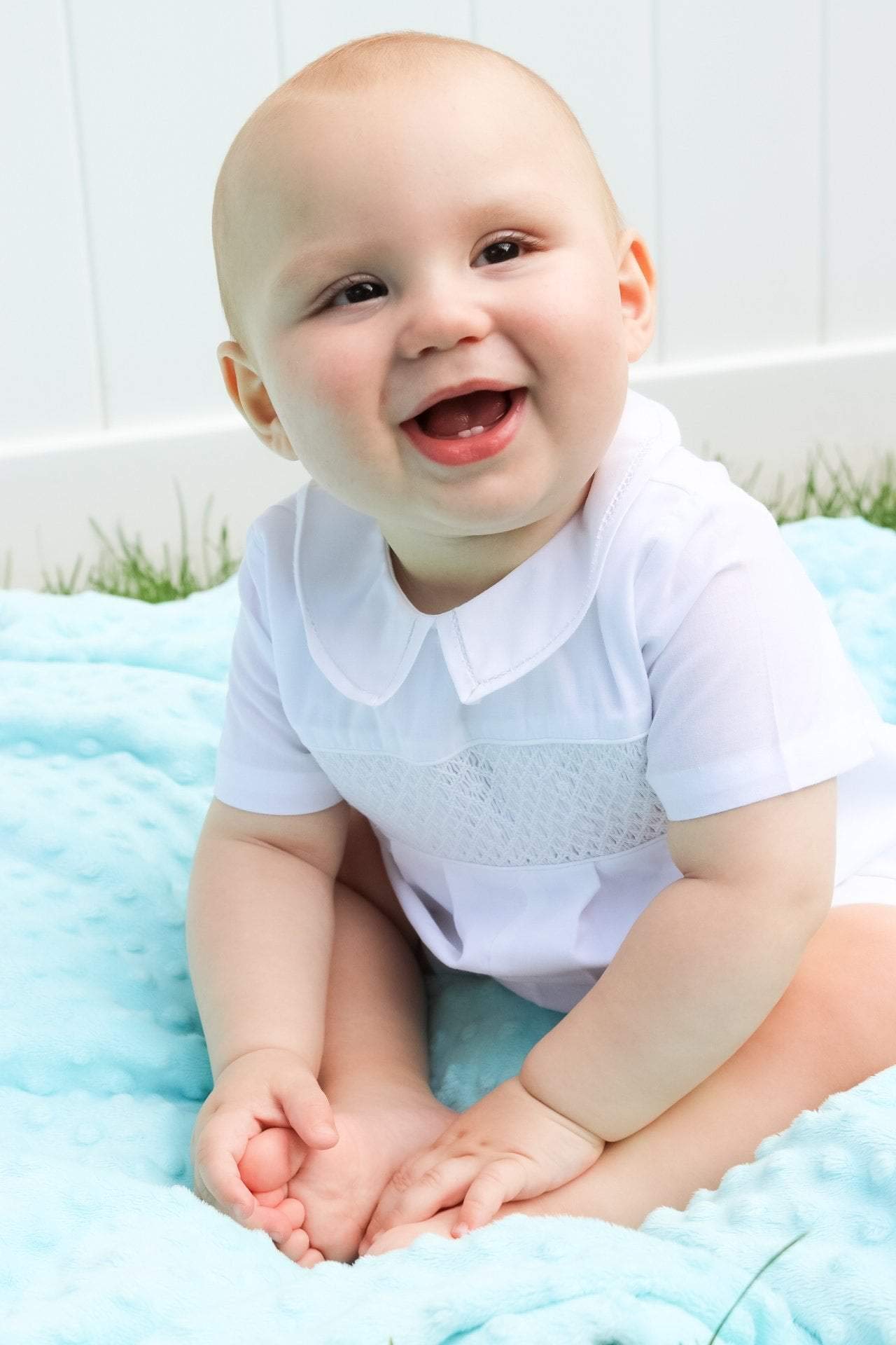 Petit Ami Baby Boys' Romper with Smocking and Faggoting, 12 Months, Blue