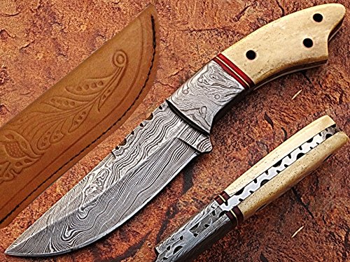 AishaTech Red Circle Hunting Knife Damascus Steel Blade Bone Handle