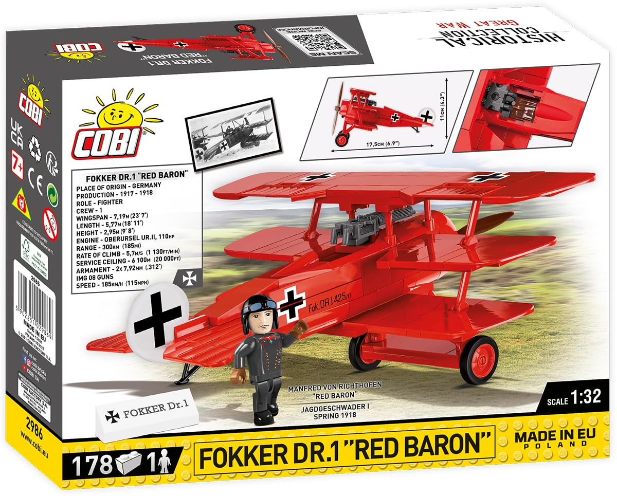 COBI Historical Collection: The Great War Fokker DR.1 Red Baron Plane,7+ years,178 pcs